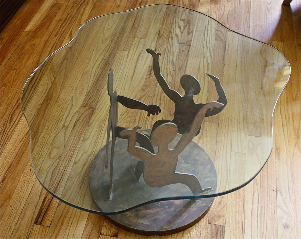 Whimsical Figural base glass top amorphic coffee table at 1stDibs