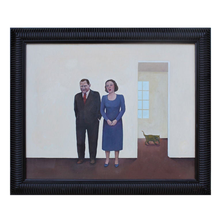 Whimsical painting by Phyllis Carlin of a couple and their cat at 1stDibs