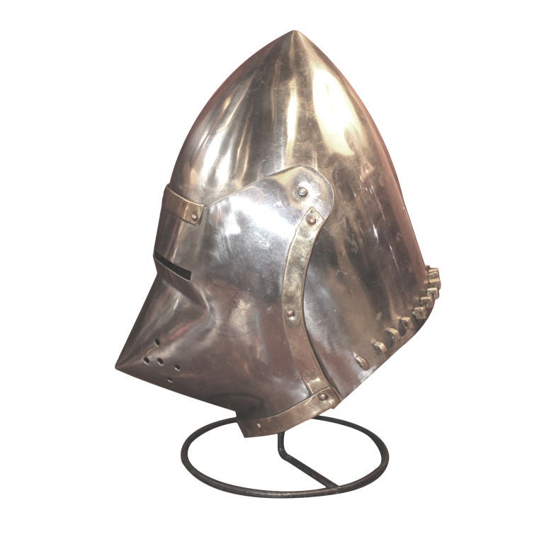 Medieval movie prop helmet steel and brass with copper accents at 1stDibs