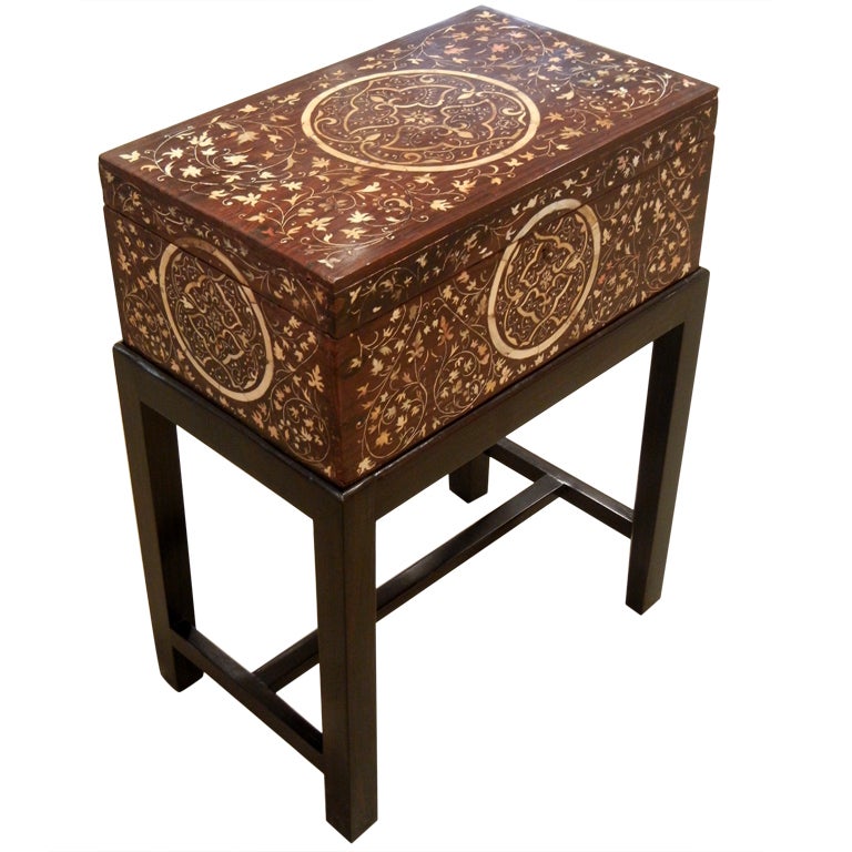 Large Antique Anglo-Indian Ivory Inlaid Box/Side Table On Stand at 1stDibs