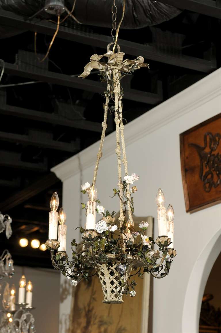 French Rococo Style Six-Light Bronze Basket Chandelier with Porcelain ...