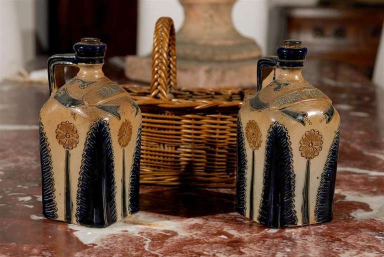 Two Victorian English Pottery Decanters in Tantalus-Inspired Wicker ...
