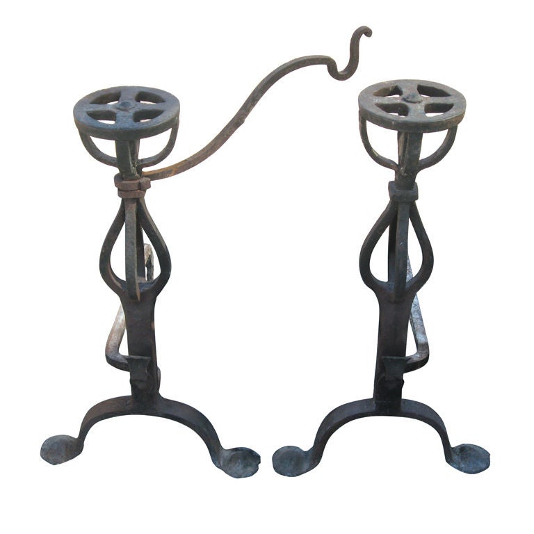 Tall Pair of Hand-Forged Iron Andirons For Sale at 1stDibs
