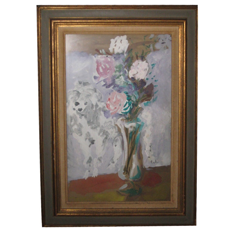 Marcel Vertes Poodle with Flowers Painting For Sale at 1stDibs