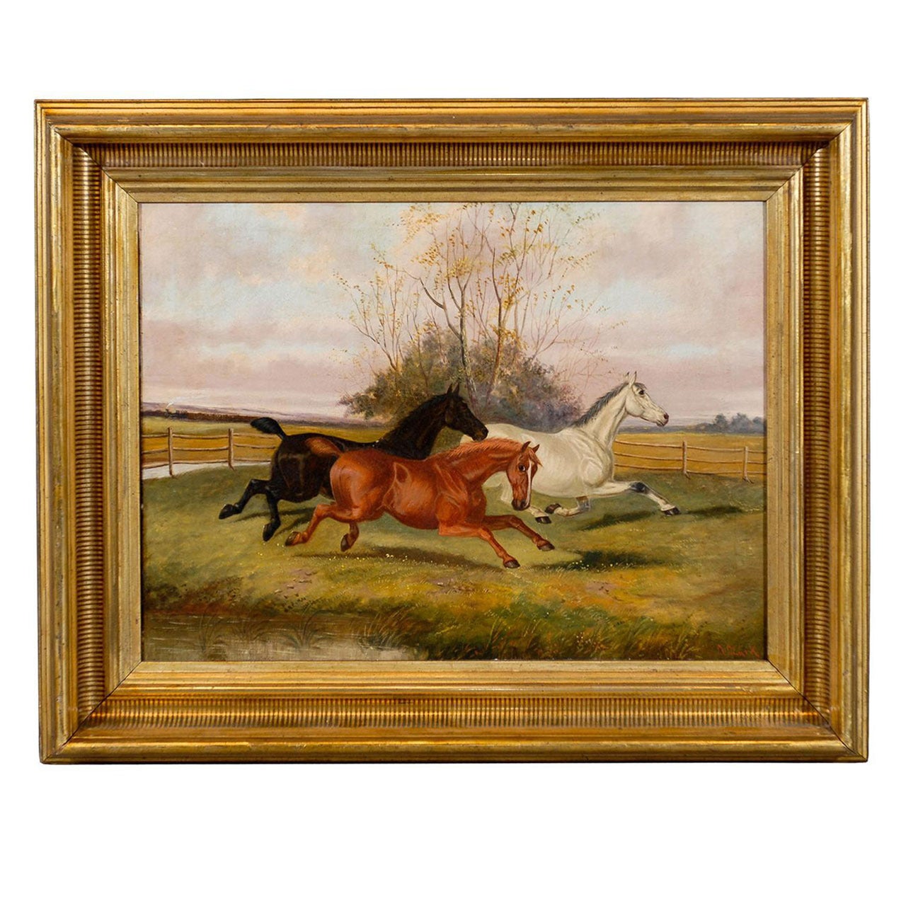 Large Gilt Framed Oil on Canvas Painting of Horses in Landscape, Signed ...