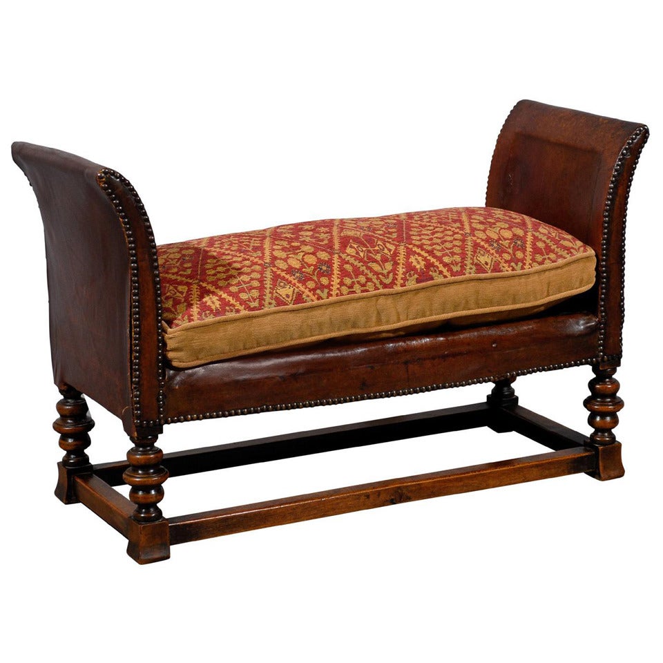 19th Century Petite Leather and Walnut Window Bench at 1stDibs