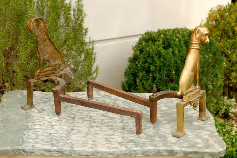 Pair of French Brass Dog Andirons from the Mid-20th Century at 1stDibs