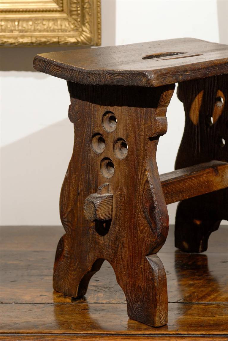 Spanish Oak Stool with Slopping Top and Handle from the Early 20th ...