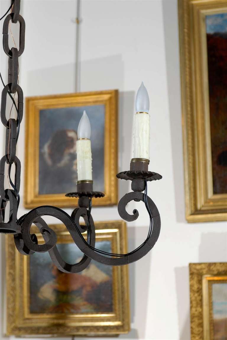 Pair of 1940s French Black Iron Four-Light Chandeliers with Scrolling ...