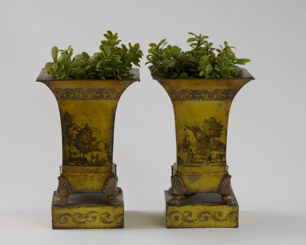 Pair of Empire Yellow Tole Peinte Cache Pots at 1stDibs | tole cachepots