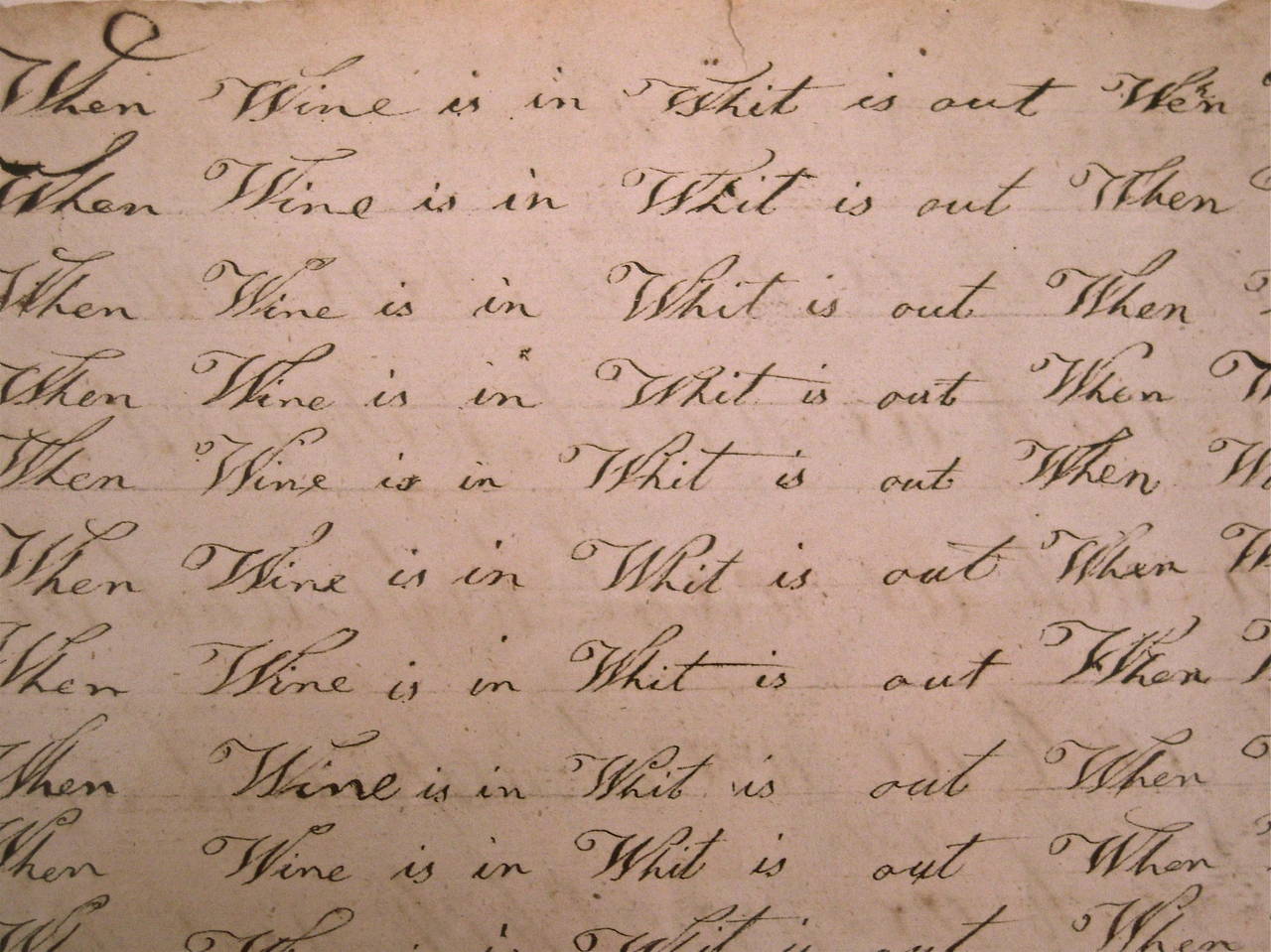 19th Century Calligraphy Exercise, "When Wine is in Wit is Out" at 1stdibs