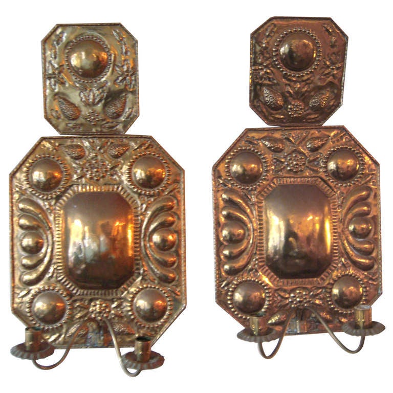 Pair of Dutch Embossed Brass Wall Sconces at 1stDibs