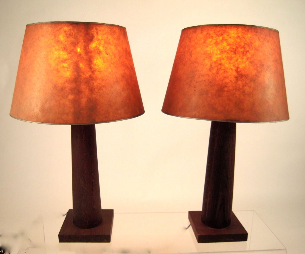 Pair of Bauhaus Period Oak Lamps with Original Mica Shades at 1stDibs