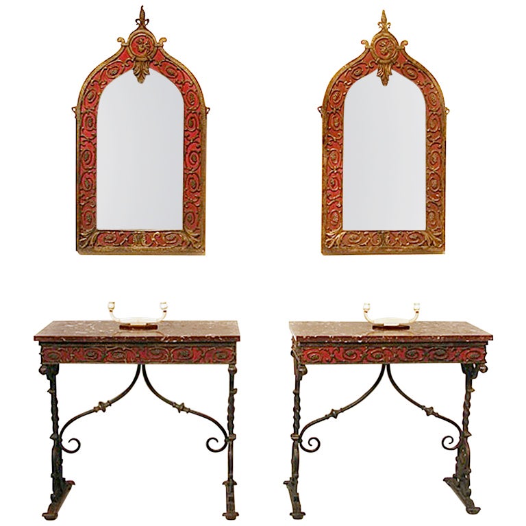 Pair Of Oscar Bach Wrought Iron Console Tables And Mirrors at 1stDibs