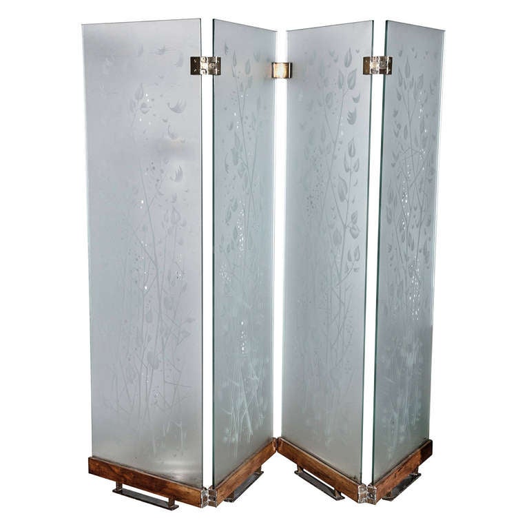Four-Panel Etched Glass Screen For Sale at 1stDibs | glass room divider ...