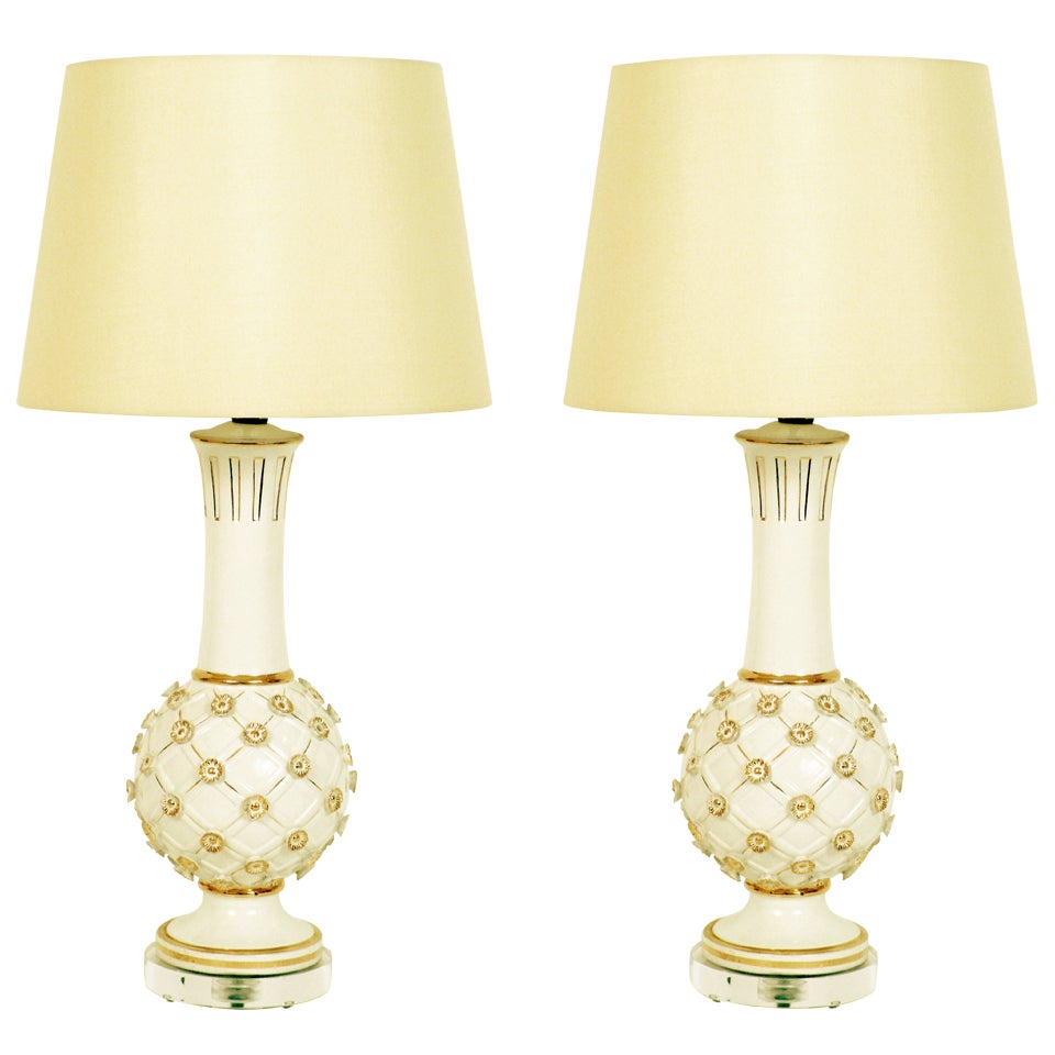 Pair of Gold and White "Lattice" Lamps For Sale at 1stDibs