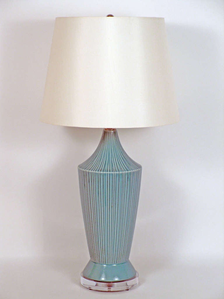 Pair of Sky Blue Ceramic Ribbed Lamps at 1stDibs