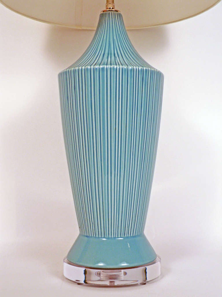 Pair of Sky Blue Ceramic Ribbed Lamps at 1stDibs