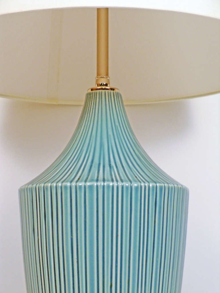 Pair of Sky Blue Ceramic Ribbed Lamps at 1stDibs