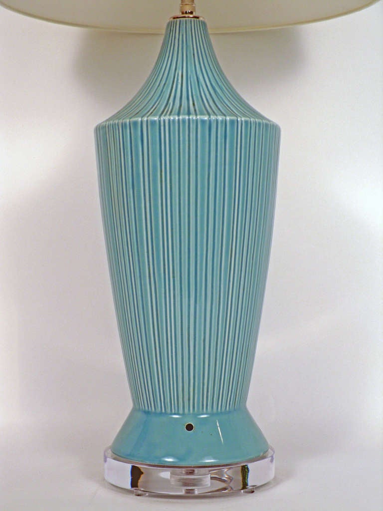 Pair of Sky Blue Ceramic Ribbed Lamps at 1stDibs