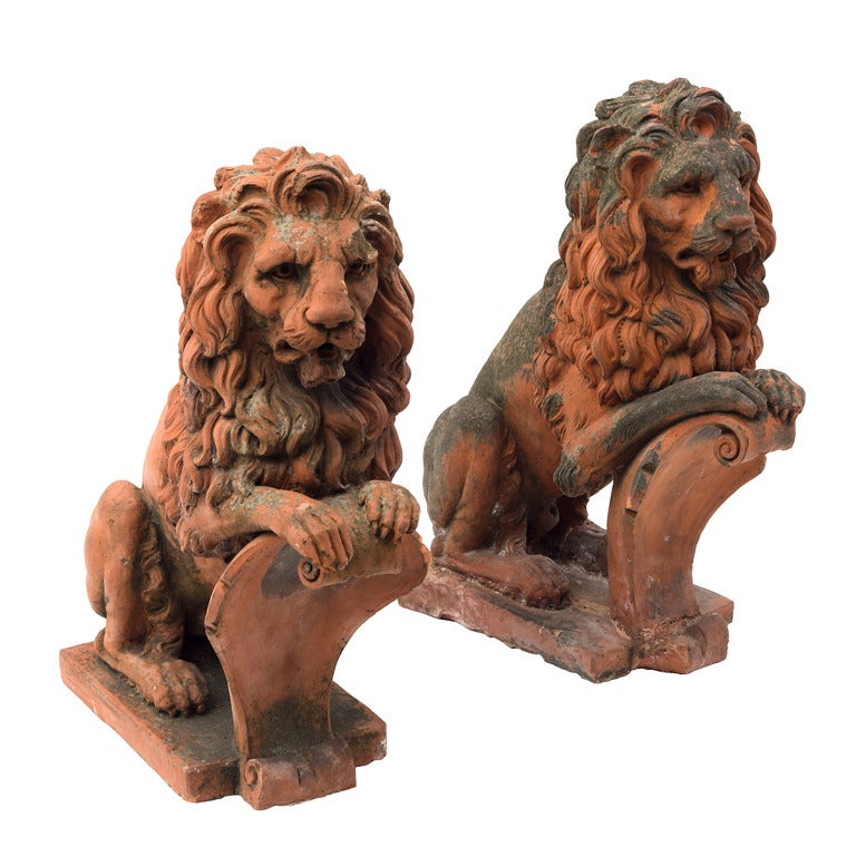 Pair of French Terracotta "Lions Sejant-Rampant" ca. 1850 For Sale at ...