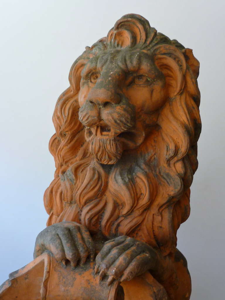 Pair of French Terracotta "Lions Sejant-Rampant" ca. 1850 For Sale at ...