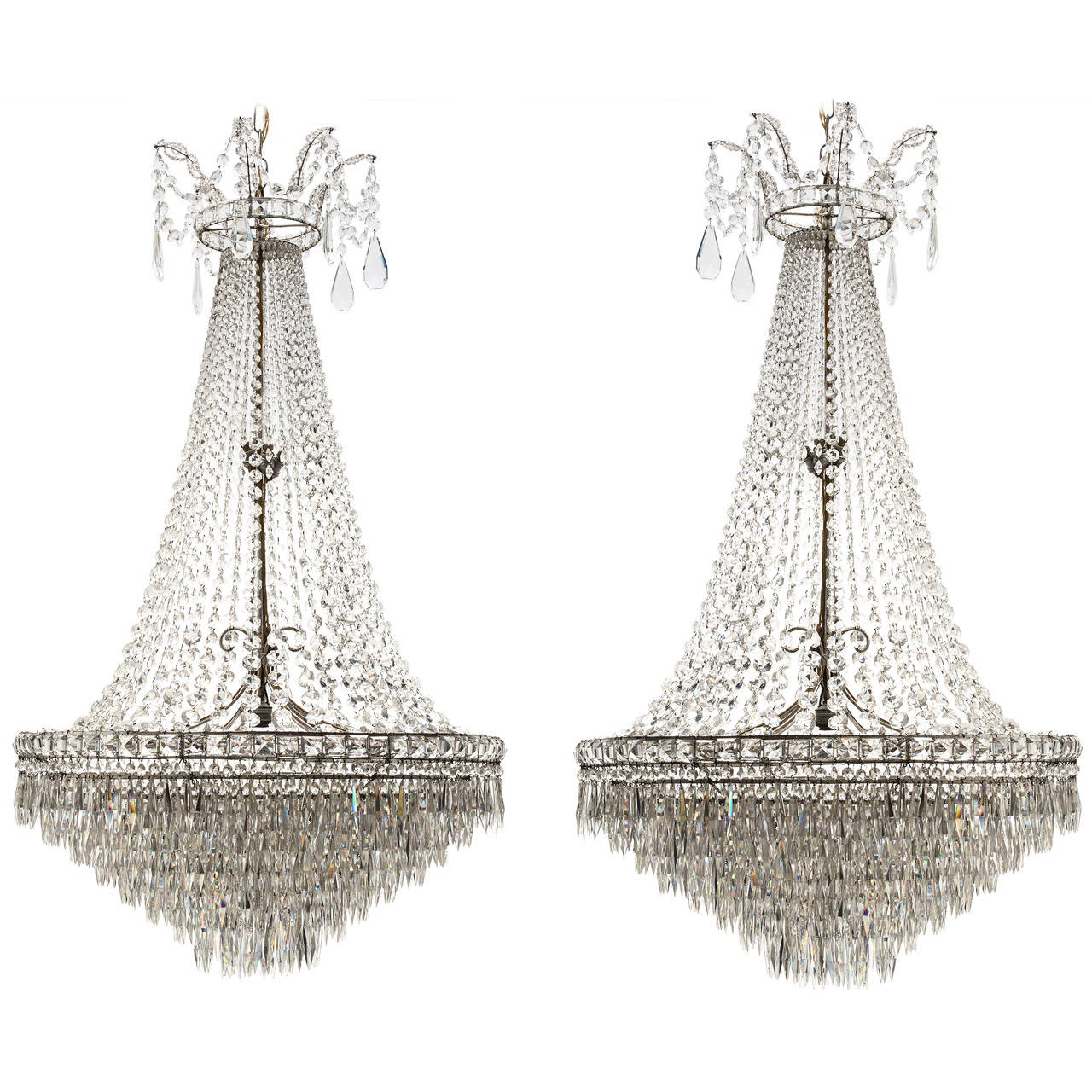 Pair of Baltic Crystal and Silvered Bronze, Tent Form Chandeliers ...