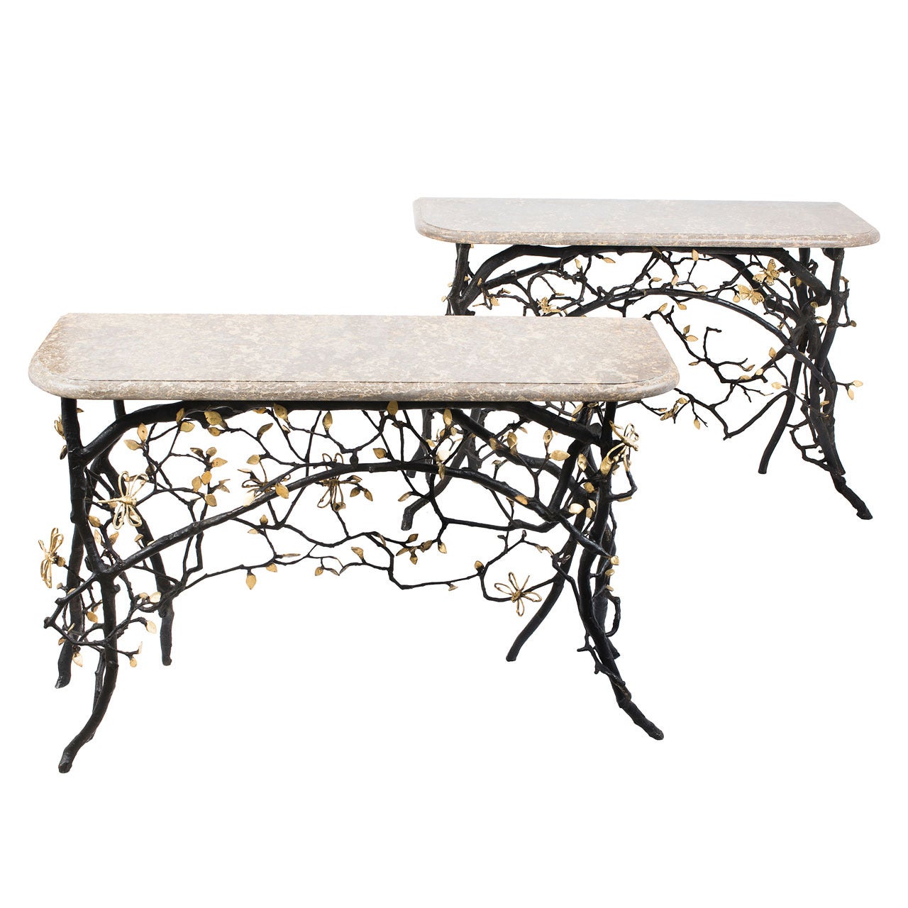 Pair of Paula Swinnen Patinated Bronze, Branch Design Console Tables at ...