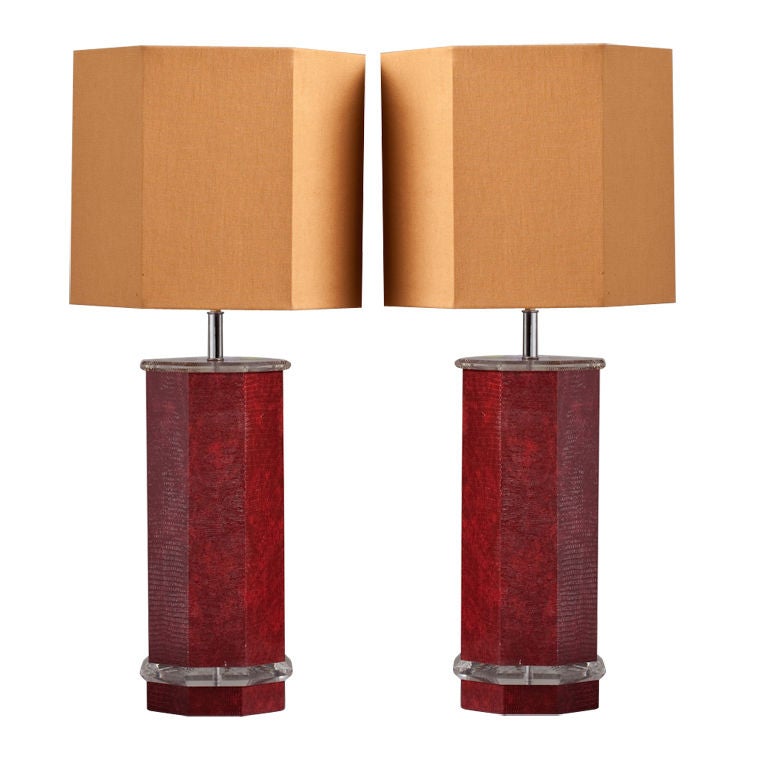 A Pair of 1980s Octagonal Shaped Red Faux Snakeskin Table Lamps at 1stDibs