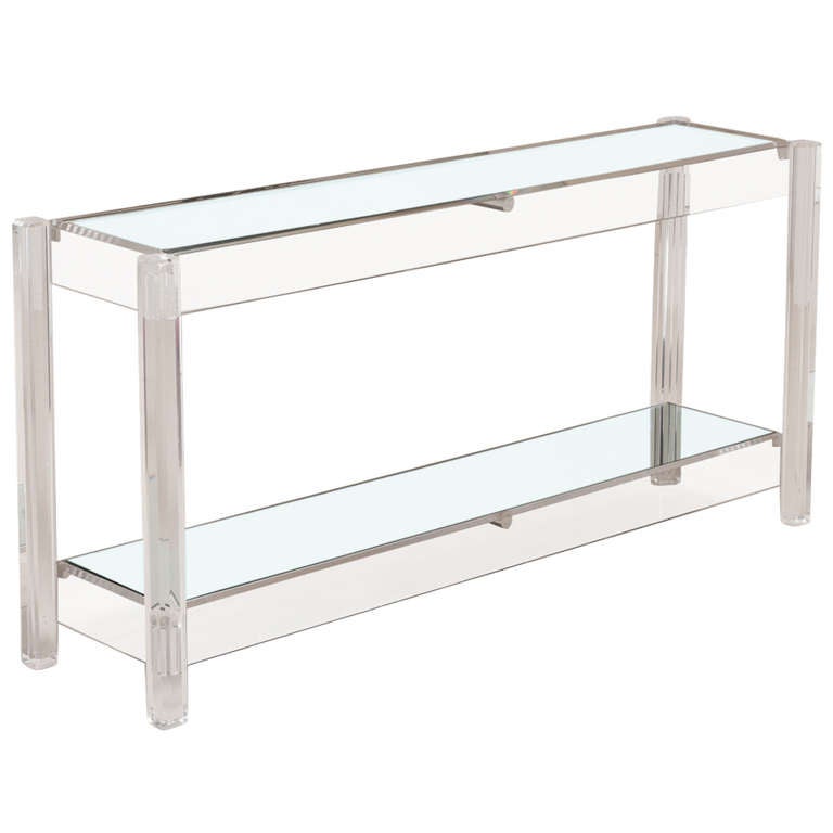 A Two Tiered Lucite Framed Mirrored Shelved Console Table 1970s at 1stDibs