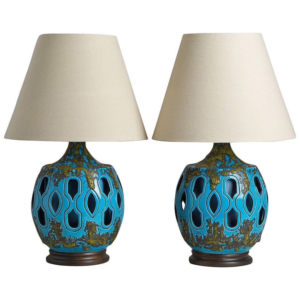 Large Pair of Drip Glaze Turquoise Ceramic Table Lamps 1960s at 1stDibs