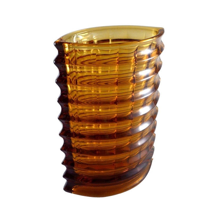 A Ribbed Elliptical Amber Pressed Glass Vase For Sale at 1stDibs