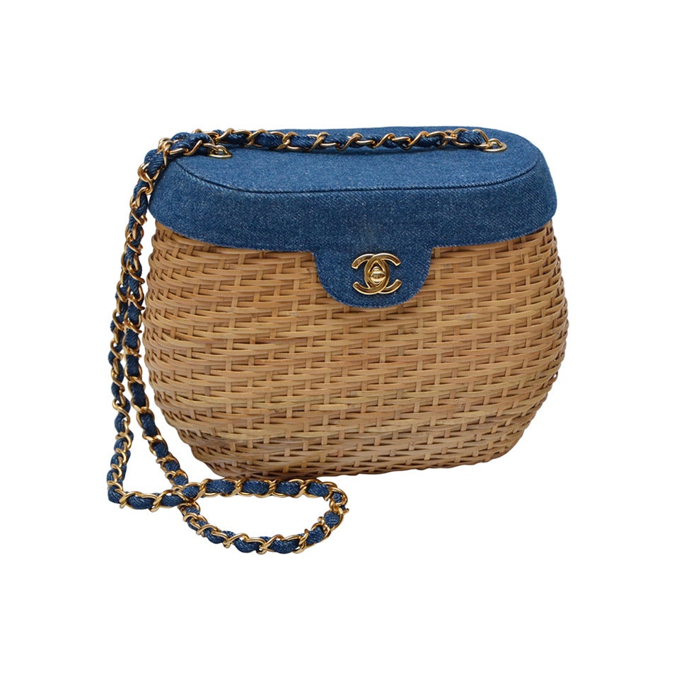 Vintage CHANEL Straw Raffia Denim Top Handbag Mint at 1stDibs