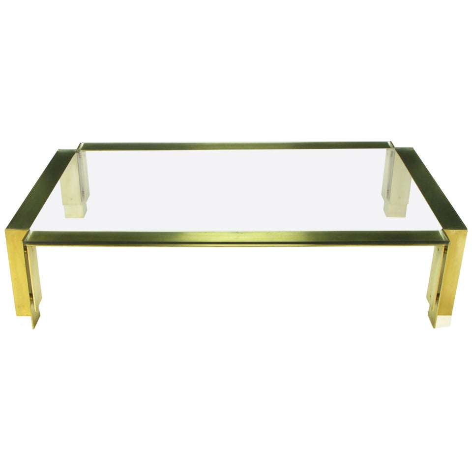 72" Postmodern Brushed Brass and Glass Coffee Table at 1stDibs