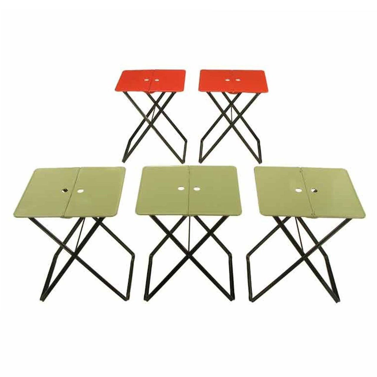 Five Folding Metal Tray Tables in Sage, Red and Black Lacquer at 1stDibs