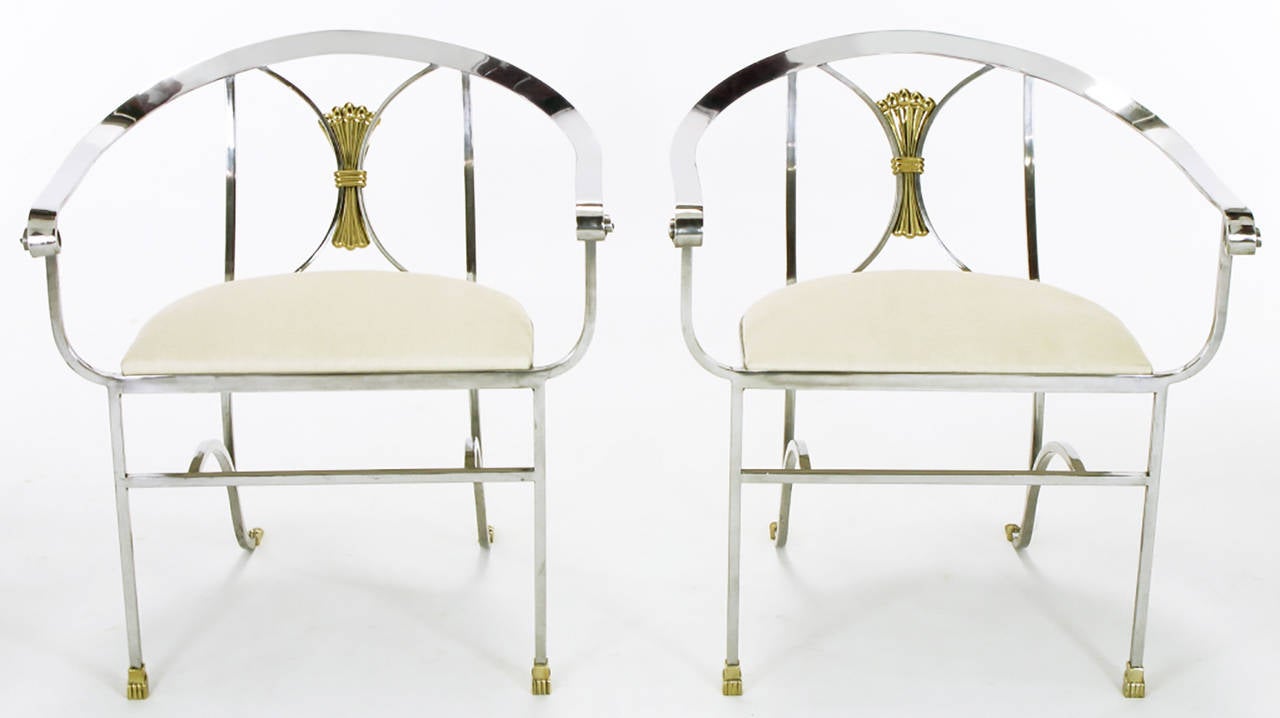 Pair of Polished Iron and Brass Scroll Armchairs For Sale at 1stDibs