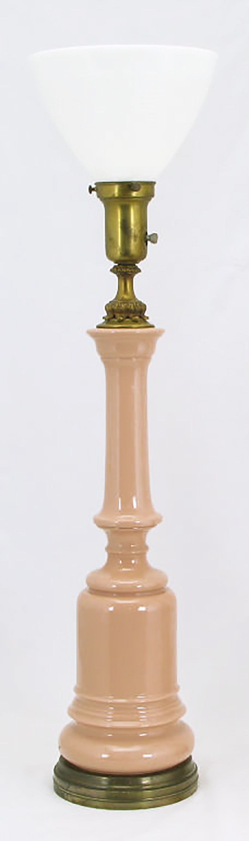 Pair of 1940s Pink Ceramic and Brass Baluster Form Table Lamps at 1stDibs