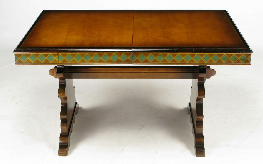Germanic Hand Painted Harlequin Pattern Maple Trestle Table at 1stDibs