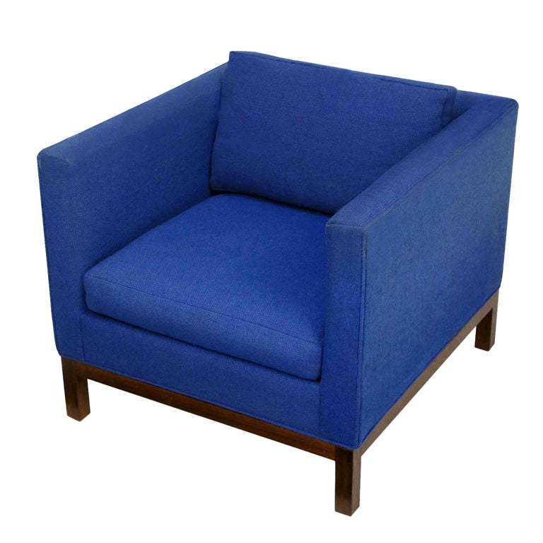 Dunbar Cube Club Chair In Original Blue Wool and Walnut at 1stDibs
