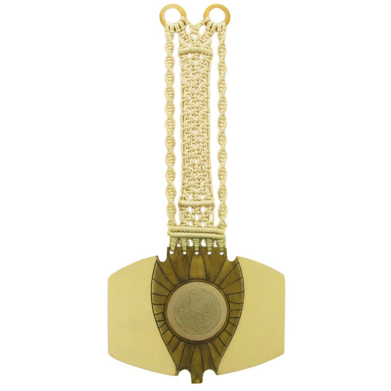 Cast Brass and Pottery Medallion Sculpture On Braided Cord Mount at 1stDibs
