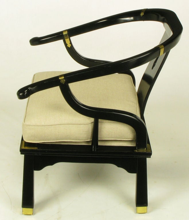 Pair Black Lacquer and Linen Asian Style Lounge Chairs at 1stDibs