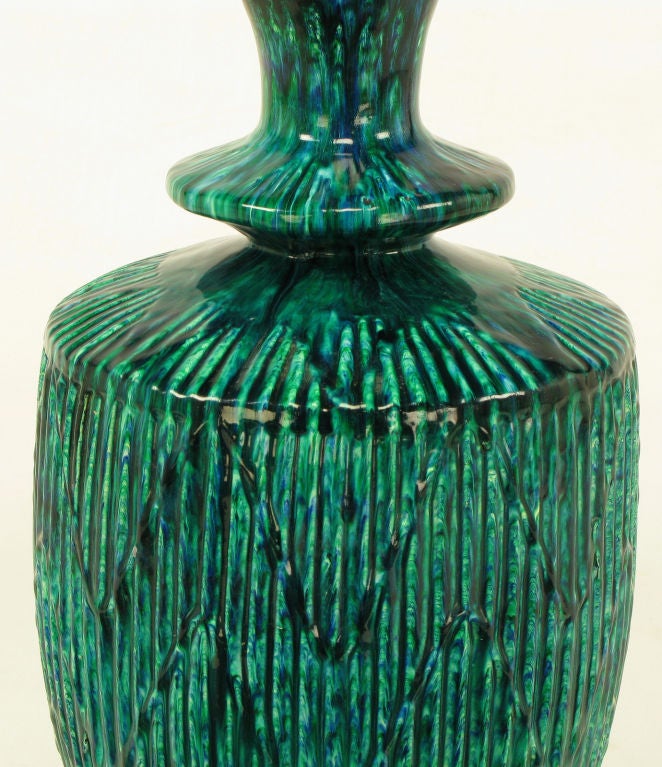 Pair Large Ribbed Green and Blue Drip Glaze Table Lamps at 1stDibs