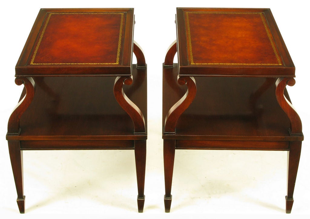Pair Weiman Leather and Scrolled Mahogany End Tables at 1stDibs