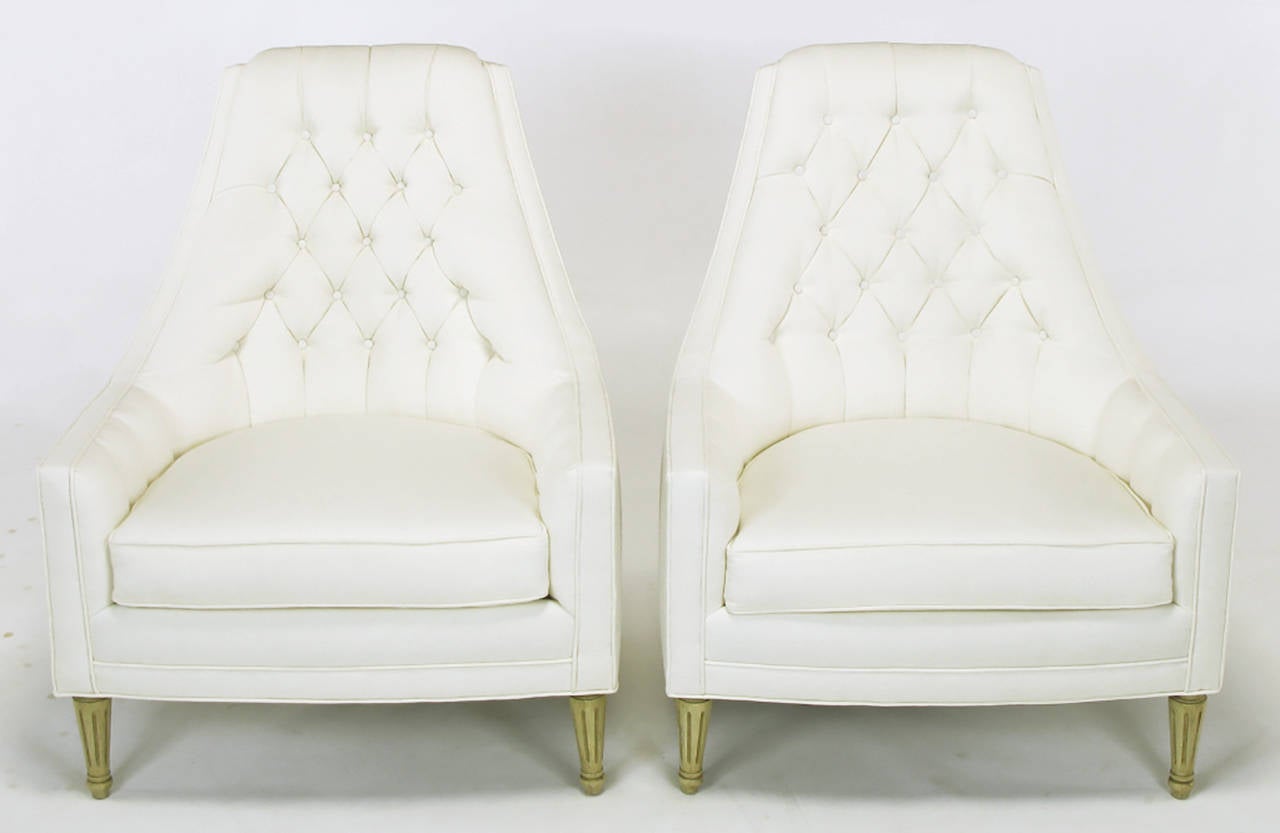 Pair of Elegant High Back Button Tufted White Linen Lounge Chairs For ...