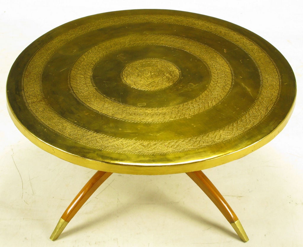 Round Brass Inverted Tray Table On Folding Mahogany Base at 1stDibs