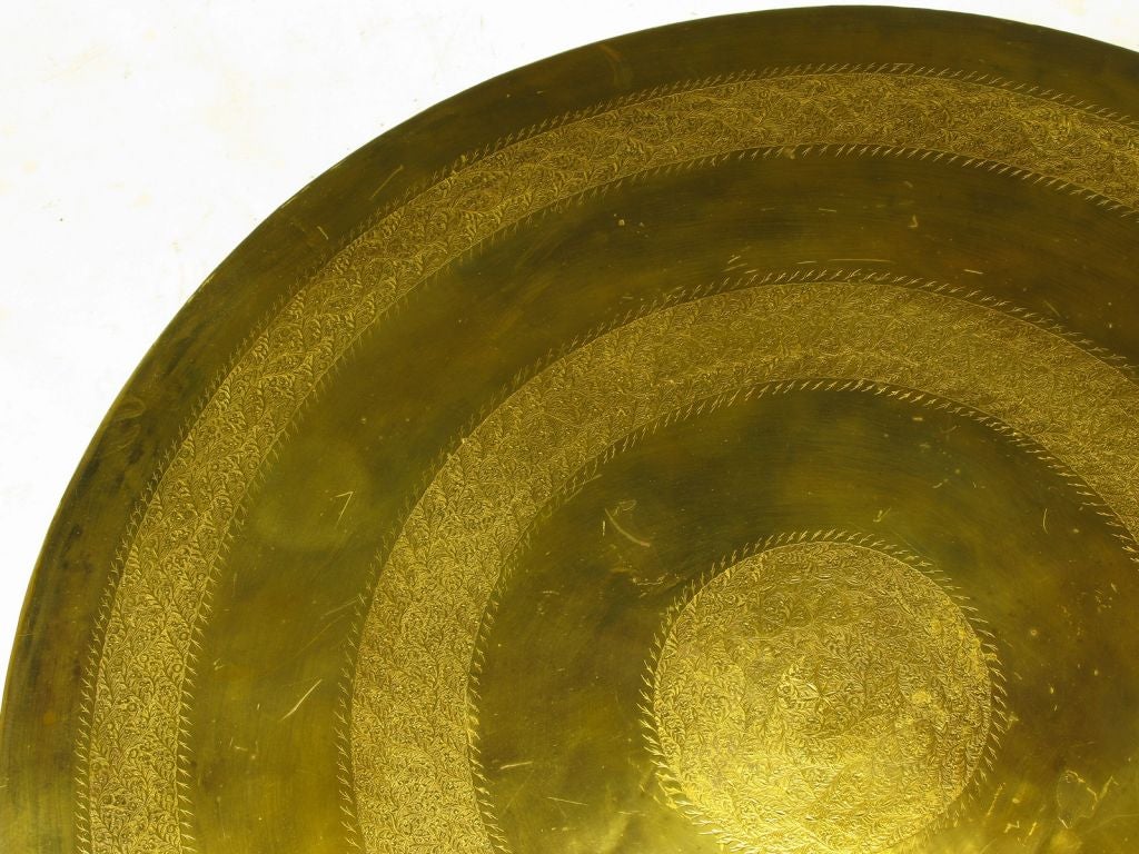 Round Brass Inverted Tray Table On Folding Mahogany Base at 1stDibs