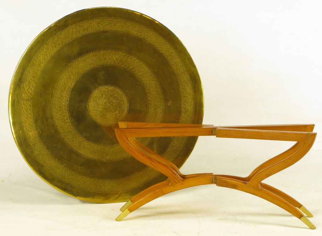 Round Brass Inverted Tray Table On Folding Mahogany Base at 1stDibs