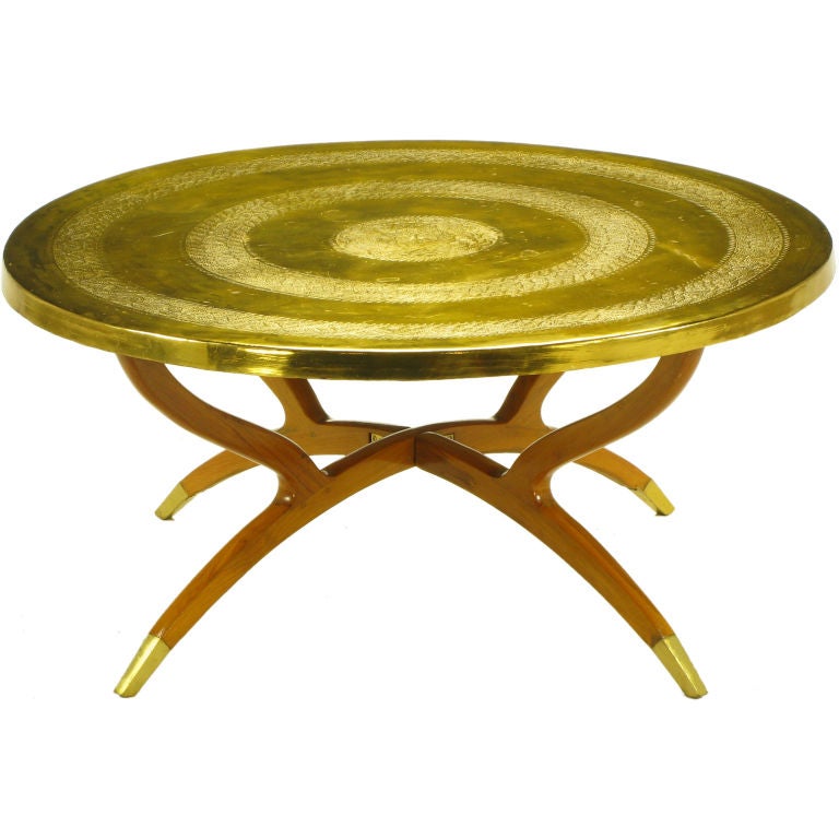 Round Brass Inverted Tray Table On Folding Mahogany Base at 1stDibs