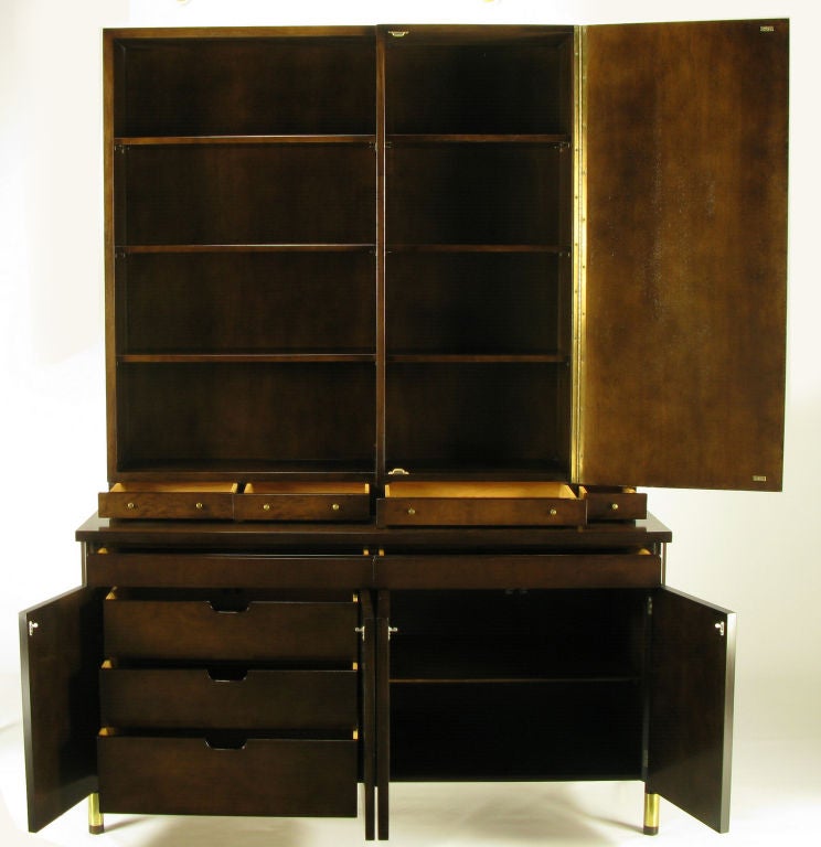 Bert England Walnut and Brass Carved Mosaic Door Tall Cabinet at 1stDibs