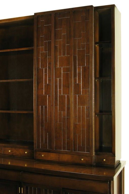 Bert England Walnut and Brass Carved Mosaic Door Tall Cabinet at 1stDibs